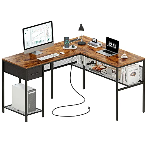 SUPERJARE L Shaped Desk with Power Outlets, Computer Desk with Drawer, Reversible Corner Desk with Grid Storage Bookshelf, Home Office Desk, Rustic Brown