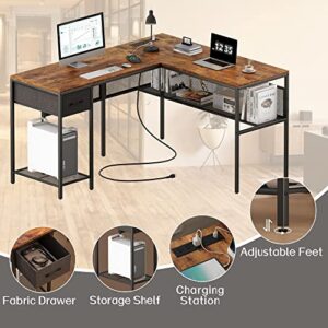 SUPERJARE L Shaped Desk with Power Outlets, Computer Desk with Drawer, Reversible Corner Desk with Grid Storage Bookshelf, Home Office Desk, Rustic Brown