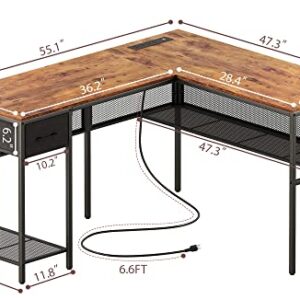 SUPERJARE L Shaped Desk with Power Outlets, Computer Desk with Drawer, Reversible Corner Desk with Grid Storage Bookshelf, Home Office Desk, Rustic Brown