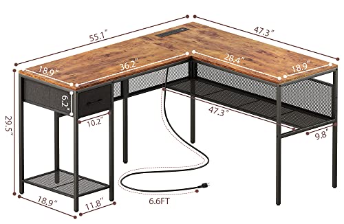 SUPERJARE L Shaped Desk with Power Outlets, Computer Desk with Drawer, Reversible Corner Desk with Grid Storage Bookshelf, Home Office Desk, Rustic Brown