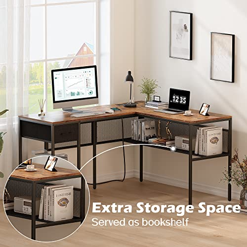 SUPERJARE L Shaped Desk with Power Outlets, Computer Desk with Drawer, Reversible Corner Desk with Grid Storage Bookshelf, Home Office Desk, Rustic Brown