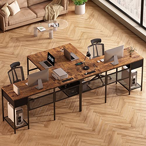 SUPERJARE L Shaped Desk with Power Outlets, Computer Desk with Drawer, Reversible Corner Desk with Grid Storage Bookshelf, Home Office Desk, Rustic Brown