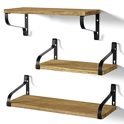 Love-KANKEI Floating Shelves Wall Mounted Set of 3, Large Wood Wall Shelves for Storage, Rustic Shelves for Display Bathroom,Bedroom,Living Room,Kitchen,Office and More Carbonized Black