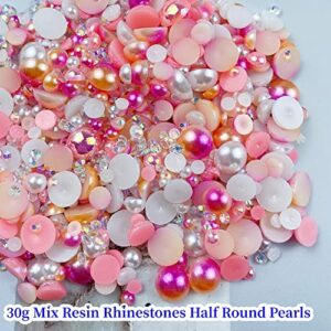 30g Mix Pink Half Pearl Rhinestones for Crafts Mixed Size 3mm-10mm Resin Rhinestone Half Round Flatback Pearl Rhinestones for DIY Nail Art Crafts Jewelry Decoration