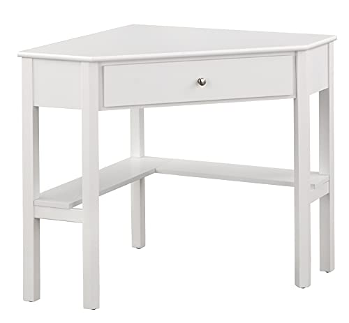 Target Marketing Systems Ellen Corner Desk Drawer and One Storage Shelf for Living Room, Bedroom, or Home Office, Small Computer Table, 42" W x 30" H, White