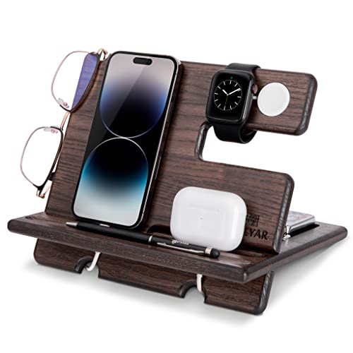 TESLYAR Gifts for Men Wood Phone Docking Station Ash Fathers FdaWatch Organizer Men Husband Wife Anniversary Dad Birthday Father Graduation Gadgets Compatible with iPhone iWatch AirPods