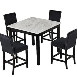 DHHU 5 Piece Furniture, Counter Height Set, Square 1 Faux Marble Dining Table and 4 Upholstered-Seat Chairs, Black+White