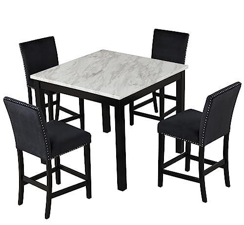 DHHU 5 Piece Furniture, Counter Height Set, Square 1 Faux Marble Dining Table and 4 Upholstered-Seat Chairs, Black+White