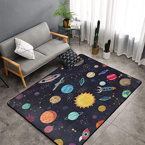 Non Slip Large Area Rugs Durable Thick Floor Mat Doormats Cartoon Space Planets and Spaceships Pattern Printed Floor Pad Rugs Living Room Bedroom Carpet Standing Mat Home Decor 60"x40"