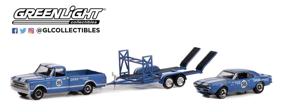 Collectibles Greenlight 31140-A Racing Hitch & Tow Series 4 - 1968 Chevy C-10 and 1967 Trans Am Camaro - Dana #56 on Tandem Car Trailer 1:64 Scale Diecast