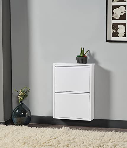 Alveon Flip Drawer Shoe Cabinet, Storage Organizer, Freestanding Shoe Rack, Wall Mounted No-Assembly (White, 2 Drawer)