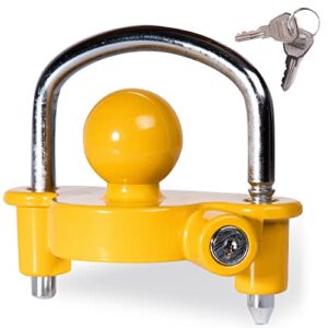 vaygway trailer coupler lock - premium quality yellow universal anti-theft adjustable storage security heavy-duty steel trailer ball lock, security towing lock trailer, boat -fits 1-7/8",2”, 2-5/16"