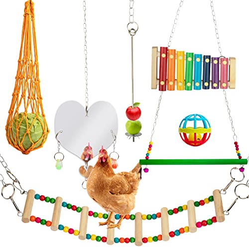 GAGILAND 7 Packs Chicken Coop Toys, Chicken Swing for Hens, Chicken Flexible Ladder, Chicken Xylophone, Chicken Mirror Toy, Ball Toy, Chicken Vegetable String Bag and Hanging Feeder