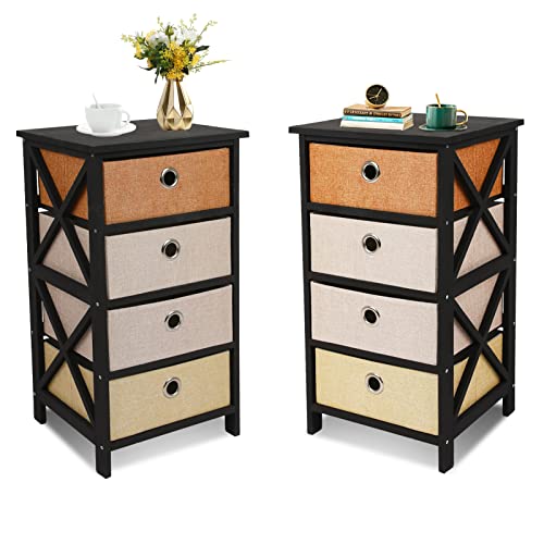 Nightstands Set of 2, with 4 Drawers, Wood Nightstand, Contrasting Colors Fabric Drawers, Easy Assembly Bedside Tables for Bedroom, College Dorm, Sturdy Black Wood Frame, Wood Top, Easy Pull Handle.