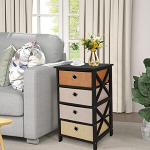 Nightstands Set of 2, with 4 Drawers, Wood Nightstand, Contrasting Colors Fabric Drawers, Easy Assembly Bedside Tables for Bedroom, College Dorm, Sturdy Black Wood Frame, Wood Top, Easy Pull Handle.