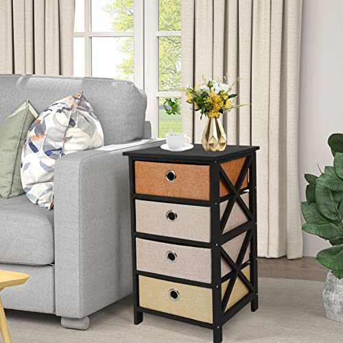 Nightstands Set of 2, with 4 Drawers, Wood Nightstand, Contrasting Colors Fabric Drawers, Easy Assembly Bedside Tables for Bedroom, College Dorm, Sturdy Black Wood Frame, Wood Top, Easy Pull Handle.