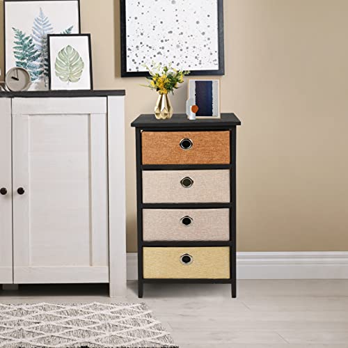 Nightstands Set of 2, with 4 Drawers, Wood Nightstand, Contrasting Colors Fabric Drawers, Easy Assembly Bedside Tables for Bedroom, College Dorm, Sturdy Black Wood Frame, Wood Top, Easy Pull Handle.