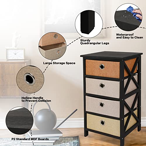 Nightstands Set of 2, with 4 Drawers, Wood Nightstand, Contrasting Colors Fabric Drawers, Easy Assembly Bedside Tables for Bedroom, College Dorm, Sturdy Black Wood Frame, Wood Top, Easy Pull Handle.