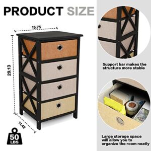 Nightstands Set of 2, with 4 Drawers, Wood Nightstand, Contrasting Colors Fabric Drawers, Easy Assembly Bedside Tables for Bedroom, College Dorm, Sturdy Black Wood Frame, Wood Top, Easy Pull Handle.