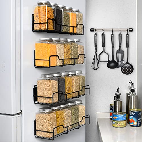 HappyHapi 4 Pack Magnetic Spice Rack Organizer, Seasoning Organizer Multi Use Kitchen Matte Metal Magnetic Shelf for Jars, Seasonings, Tins and Utensils(Black)