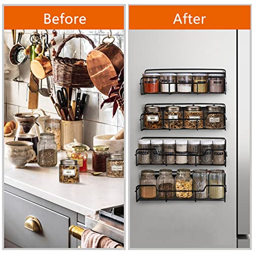 HappyHapi 4 Pack Magnetic Spice Rack Organizer, Seasoning Organizer Multi Use Kitchen Matte Metal Magnetic Shelf for Jars, Seasonings, Tins and Utensils(Black)