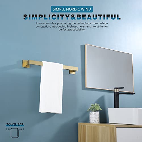 KOKOSIRI 16-Inch Single Towel Bar, Bathroom Towel Holder, Bath Towel Hook Square Robe Hook Coat Hook, Wall Mounted, SUS 304 Stainless Steel, Brushed Gold, B05A3-BG-L16