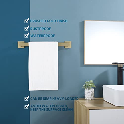 KOKOSIRI 16-Inch Single Towel Bar, Bathroom Towel Holder, Bath Towel Hook Square Robe Hook Coat Hook, Wall Mounted, SUS 304 Stainless Steel, Brushed Gold, B05A3-BG-L16