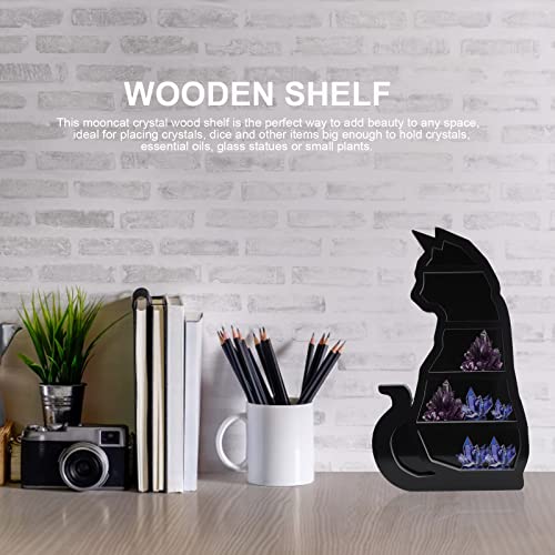 Alapaste Upgrade Moon Shelf Cat Design,Black Cat Wooden Crystal Shelf Display,Cat Shelves Crystal Holder for Stones Display,Moon Phase Wall Decor,Gothic Home Decor