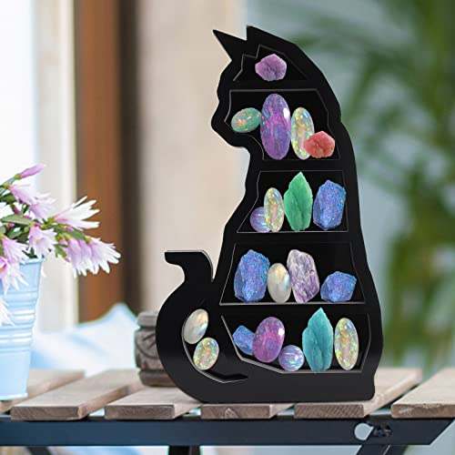 Alapaste Upgrade Moon Shelf Cat Design,Black Cat Wooden Crystal Shelf Display,Cat Shelves Crystal Holder for Stones Display,Moon Phase Wall Decor,Gothic Home Decor