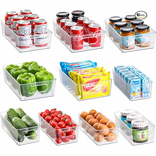 HNNJCK Set Of 10 Refrigerator Organizer Bins, Pantry Fridge Organizers and Storage Bins, Clear Plastic Food Storage Bins for Pantry, Freezer, Kitchen, Cabinets, Fridge - BPA Free