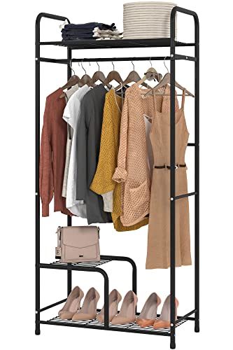 TZAMLI Clothes Rack with 3 Shelves and Rod, Metal Clothing Rack Garment Rack for Hanging Clothes, Standing Storage Shelf Unit for Closet (Black-3 Tier)