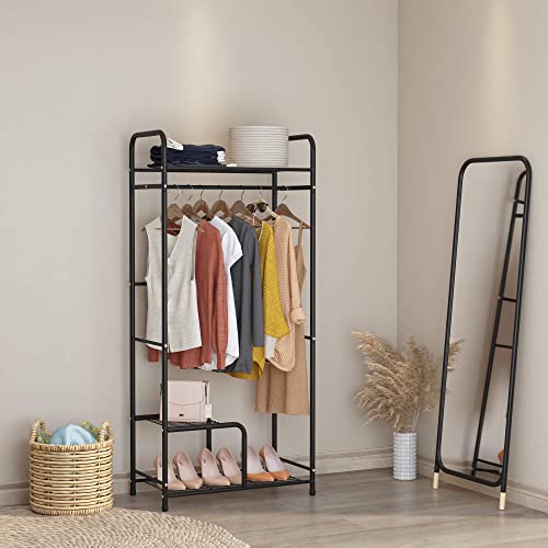 TZAMLI Clothes Rack with 3 Shelves and Rod, Metal Clothing Rack Garment Rack for Hanging Clothes, Standing Storage Shelf Unit for Closet (Black-3 Tier)