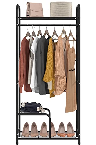 TZAMLI Clothes Rack with 3 Shelves and Rod, Metal Clothing Rack Garment Rack for Hanging Clothes, Standing Storage Shelf Unit for Closet (Black-3 Tier)