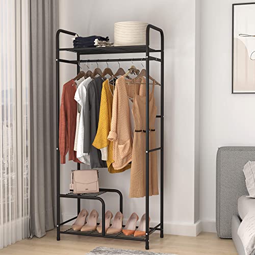 TZAMLI Clothes Rack with 3 Shelves and Rod, Metal Clothing Rack Garment Rack for Hanging Clothes, Standing Storage Shelf Unit for Closet (Black-3 Tier)