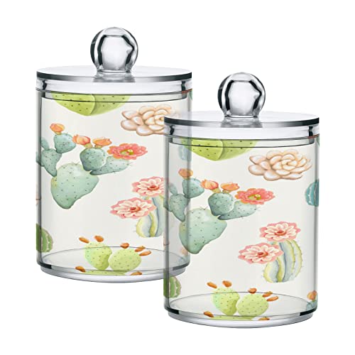 Blueangle 2PCS Cactus Flower Qtip Holder Dispenser with Lids - Apothecary Jar Containers for Vanity Organizer Storage - Plastic Food Storage Canisters（533）