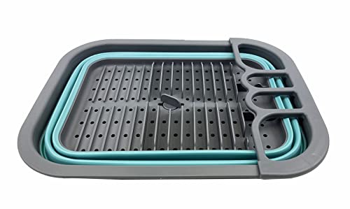 SAMMART 7.3L (1.9 Gallon) Collapsible Dish Drainer with Drainer Board - Foldable Drying Rack Set - Portable Dinnerware Organizer - Space Saving Kitchen Storage Tray (Grey/Crystal Blue)