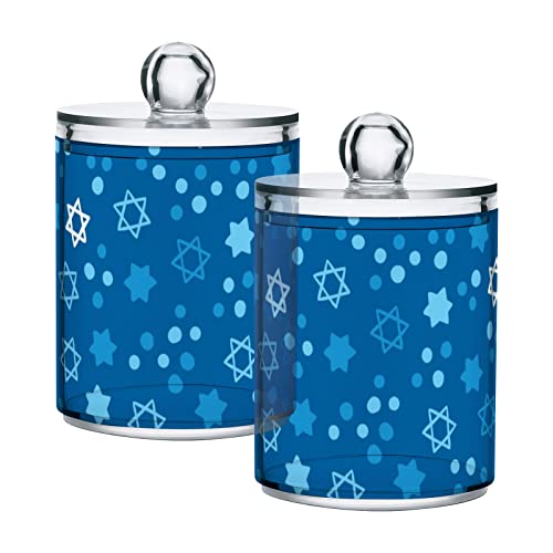 DOMIKING Hanukkah Stars Of David 2 Pack Cotton Swab Holder Dispenser Plastic Jar Bathroom Storage Canister Acrylic Containers for Floss Makeup Sponges Cotton Ball