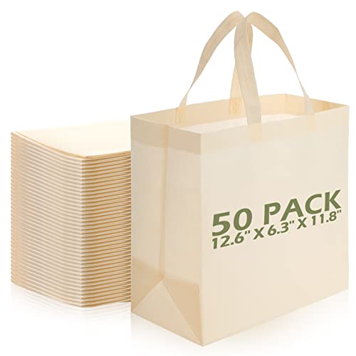 50 Pieces Reusable Totes Bag Bulk, Shopping Bags Non Woven Grocery Bag with Handles Foldable for Parties Boutiques Retail (Beige)