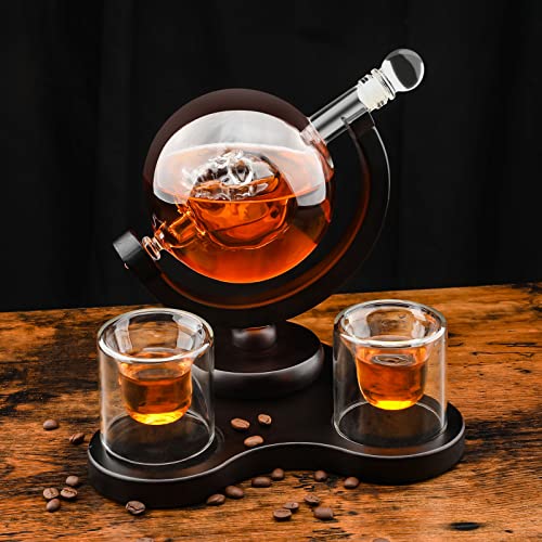 Whiskey Decanter Set with Glasses, Skull Whiskey Decanter Sets for Men, Bourbon Crystal Liquor Decanter with Wood Base & 360°Rotatable Bracket, Gift for Dad Anniversary Birthday House Warming Father