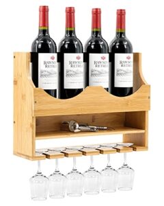 utoplike wall mounted wine rack with glass holder, wall wine glass bottle racks, bamboo hanging bottle holder storage for kitchen, dining room, bar