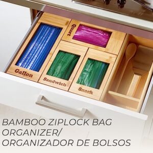 Simluxe Ziplock Bag Organizer - Bamboo Food Plastic Baggie Holder Dispenser and Organizer for Kitchen Drawer - Fits Ziplock and Ziploc Gallon Quart Sandwich & Snack Sized Slider Bags (Natural)