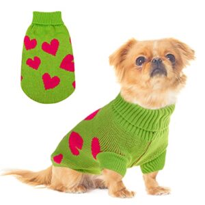 queenmore knit sweater for dogs, turtleneck high elastic heart pattern festival knitwear with hind leg strings for small and medium dogs (green,l)