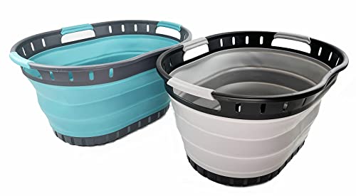 SAMMART 25L (6.6 gallon) Set of 2 Collapsible Plastic Laundry Basket - Foldable Pop Up Storage Container/Organizer - Portable Washing Tub - Space Saving Hamper/Basket (Alloy Grey + Crystal Blue)