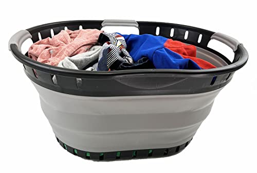 SAMMART 25L (6.6 gallon) Set of 2 Collapsible Plastic Laundry Basket - Foldable Pop Up Storage Container/Organizer - Portable Washing Tub - Space Saving Hamper/Basket (Alloy Grey + Crystal Blue)