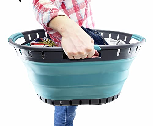 SAMMART 25L (6.6 gallon) Set of 2 Collapsible Plastic Laundry Basket - Foldable Pop Up Storage Container/Organizer - Portable Washing Tub - Space Saving Hamper/Basket (Alloy Grey + Crystal Blue)