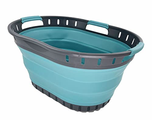 SAMMART 25L (6.6 gallon) Set of 2 Collapsible Plastic Laundry Basket - Foldable Pop Up Storage Container/Organizer - Portable Washing Tub - Space Saving Hamper/Basket (Alloy Grey + Crystal Blue)