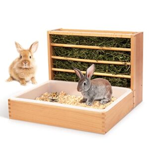 2 in 1 large hay feeder with litter box, safe wooden bunny feeder manger, hay holder rack toilet for rabbit guinea pig hamster small animals reduces waste