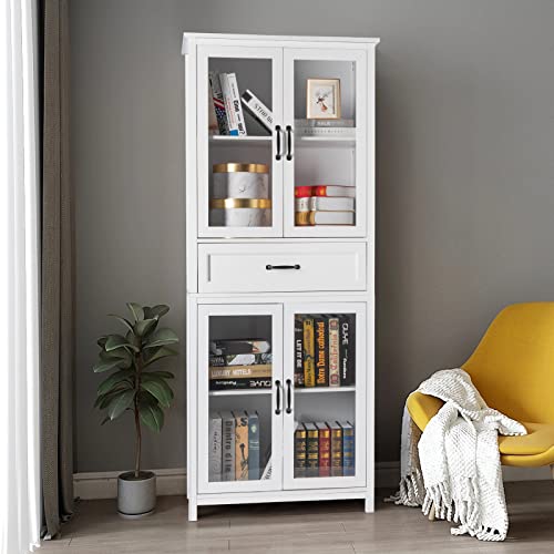 Karl home 4-Tier Bookcase Storage Cabinet, Freestanding Bookshelf with 4 Acrylic Doors 1 Drawer, Kitchen Pantry Bathroom Cabinet for Office Bedroom Dining Living Room, White 29.13" Lx13.78 Wx70.87 H