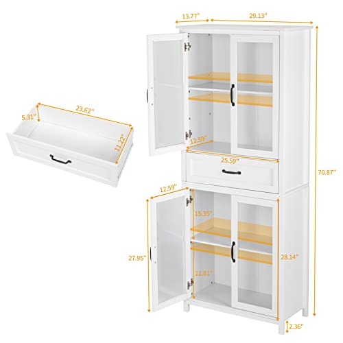 Karl home 4-Tier Bookcase Storage Cabinet, Freestanding Bookshelf with 4 Acrylic Doors 1 Drawer, Kitchen Pantry Bathroom Cabinet for Office Bedroom Dining Living Room, White 29.13" Lx13.78 Wx70.87 H