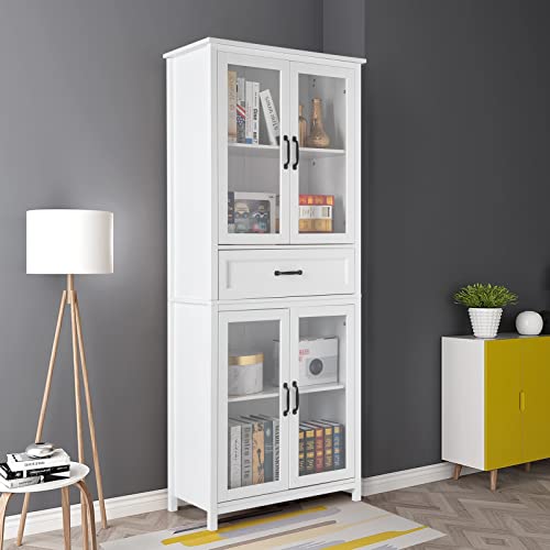 Karl home 4-Tier Bookcase Storage Cabinet, Freestanding Bookshelf with 4 Acrylic Doors 1 Drawer, Kitchen Pantry Bathroom Cabinet for Office Bedroom Dining Living Room, White 29.13" Lx13.78 Wx70.87 H